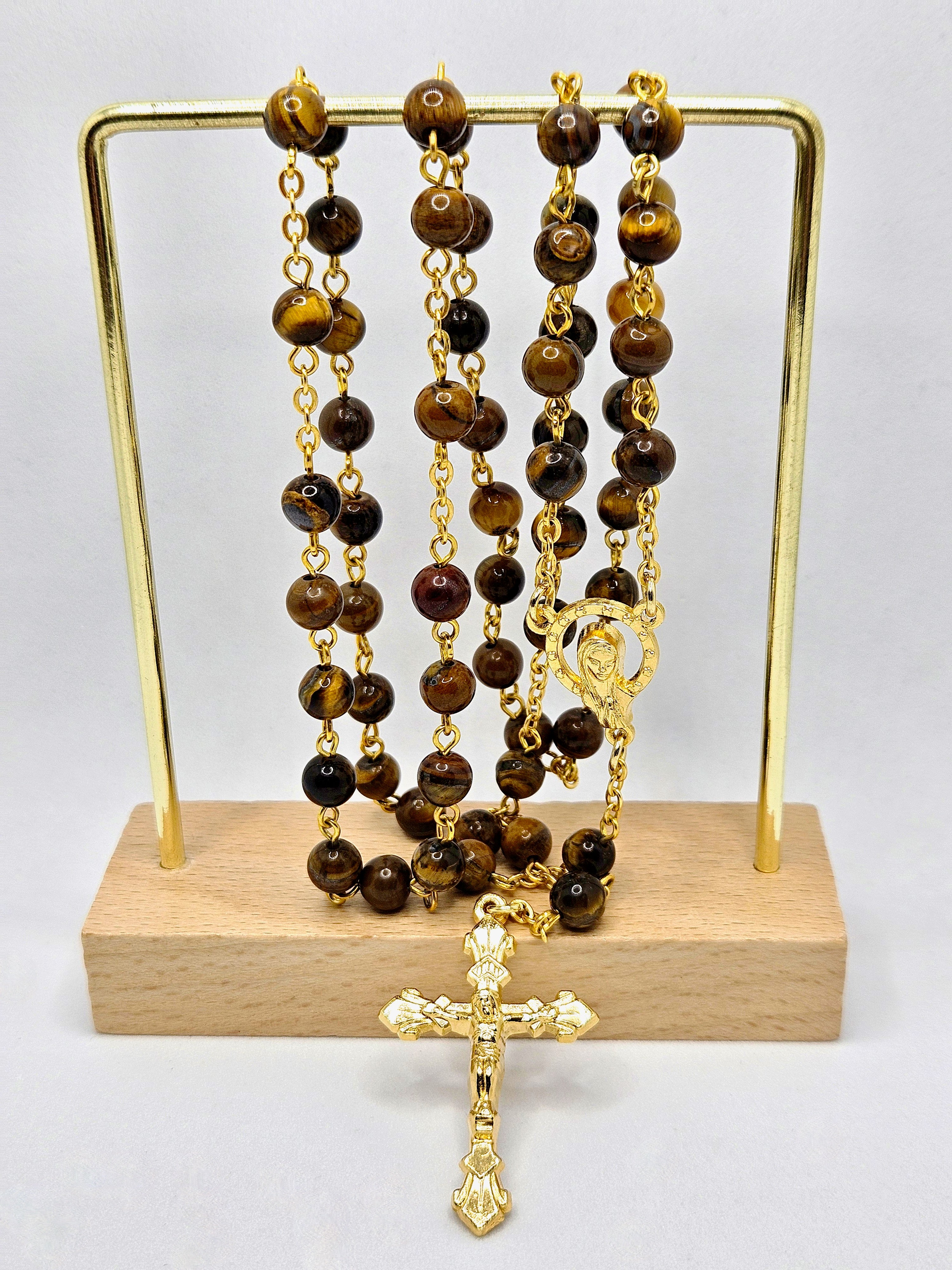 'Our Lady Queen of Heaven' Tiger's Eye Rosary – Golden Garnet